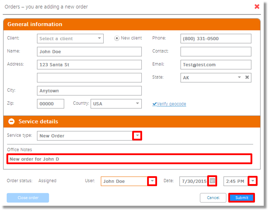 Create an order for a new client with AT&T Workforce Manager - Asecare