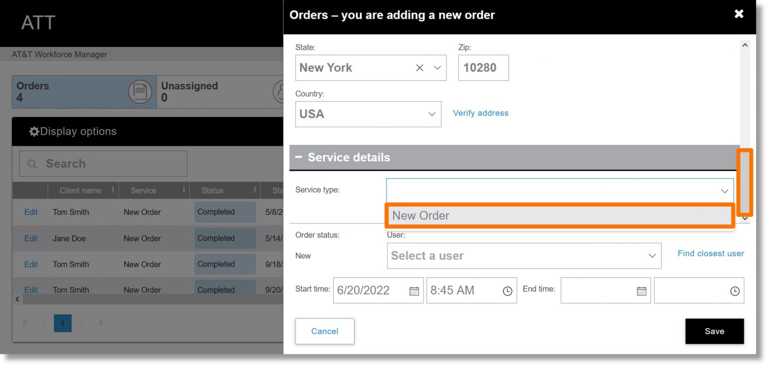 Create an order for a new client with AT&T Workforce Manager - Asecare