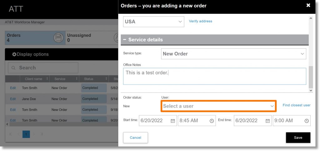 Create an order for a new client with AT&T Workforce Manager - Asecare